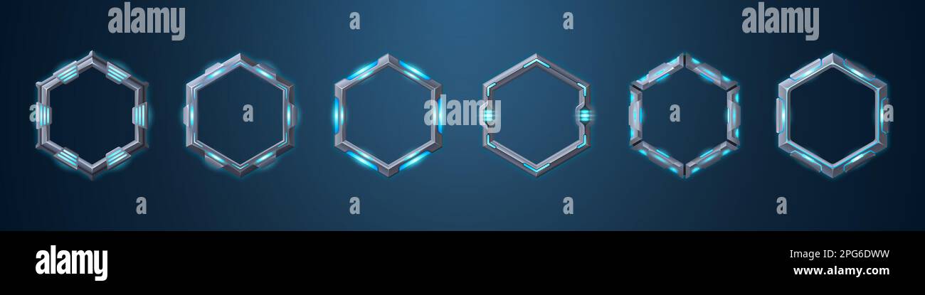 Sci fi neon game rank avatar metal hexagon frame vector set. Cartoon ...