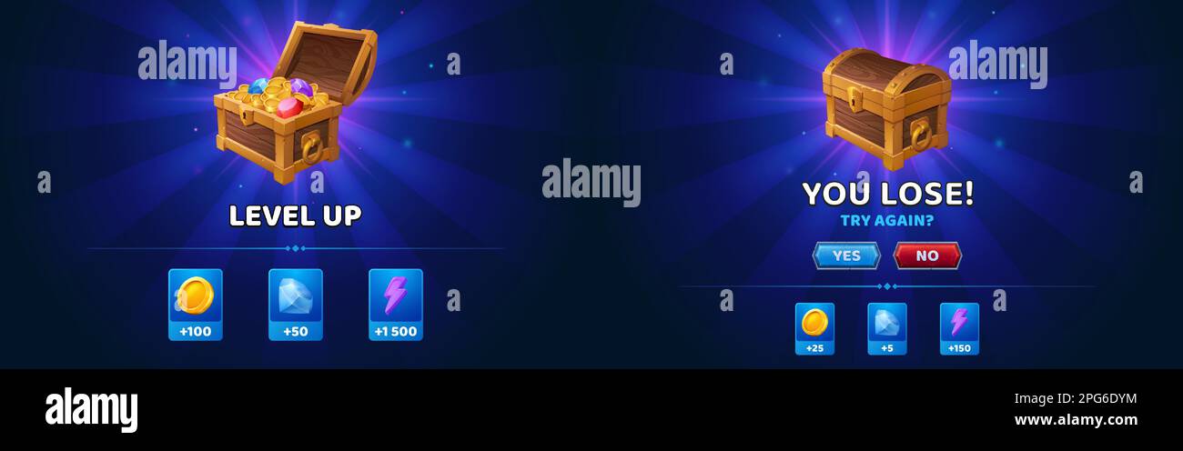 Level up and defeat mobile ui game vector background. Gui win screen ...