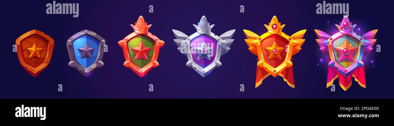 Gold ranking achievement badges for game. Award icons of wooden, metal ...