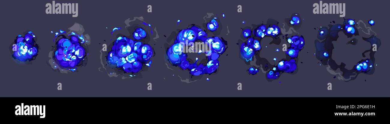 Cartoon animation set of blue explosion and smoke clouds top view ...