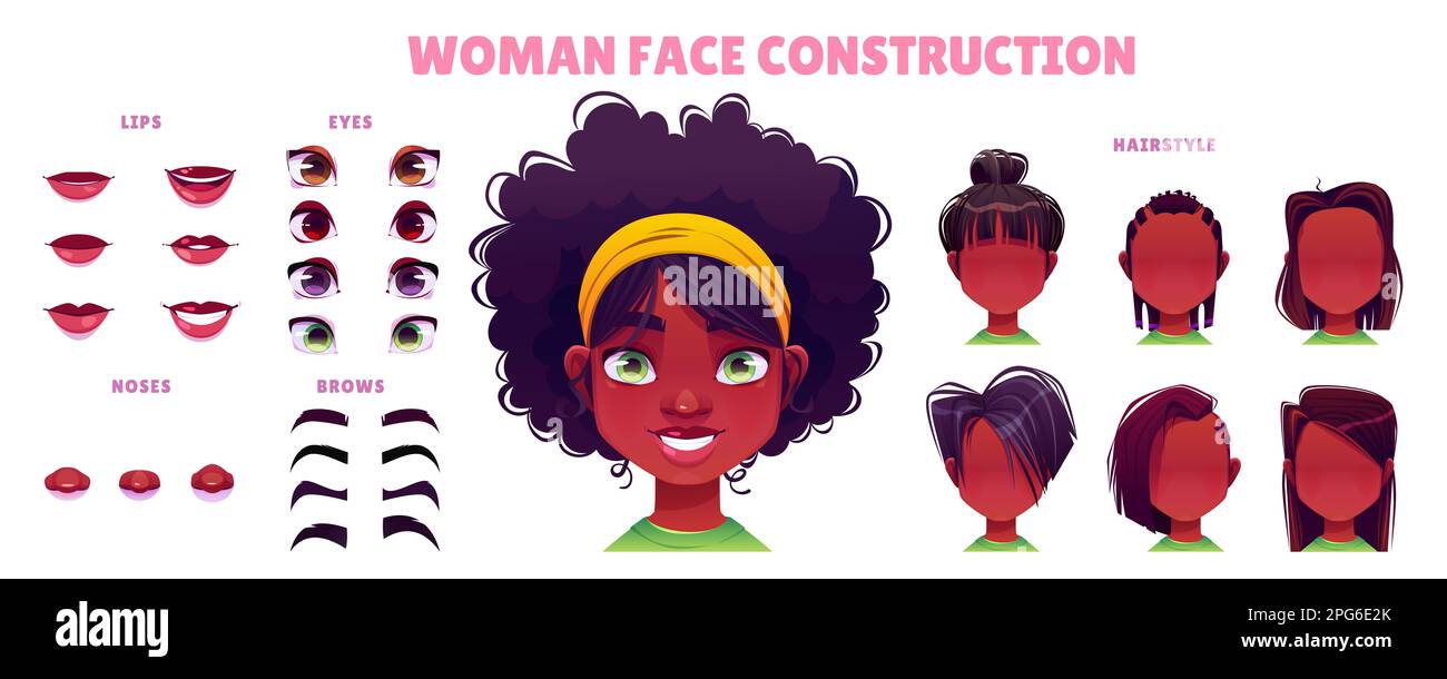 Cartoon african woman face avatar construction for animation. Girl ...