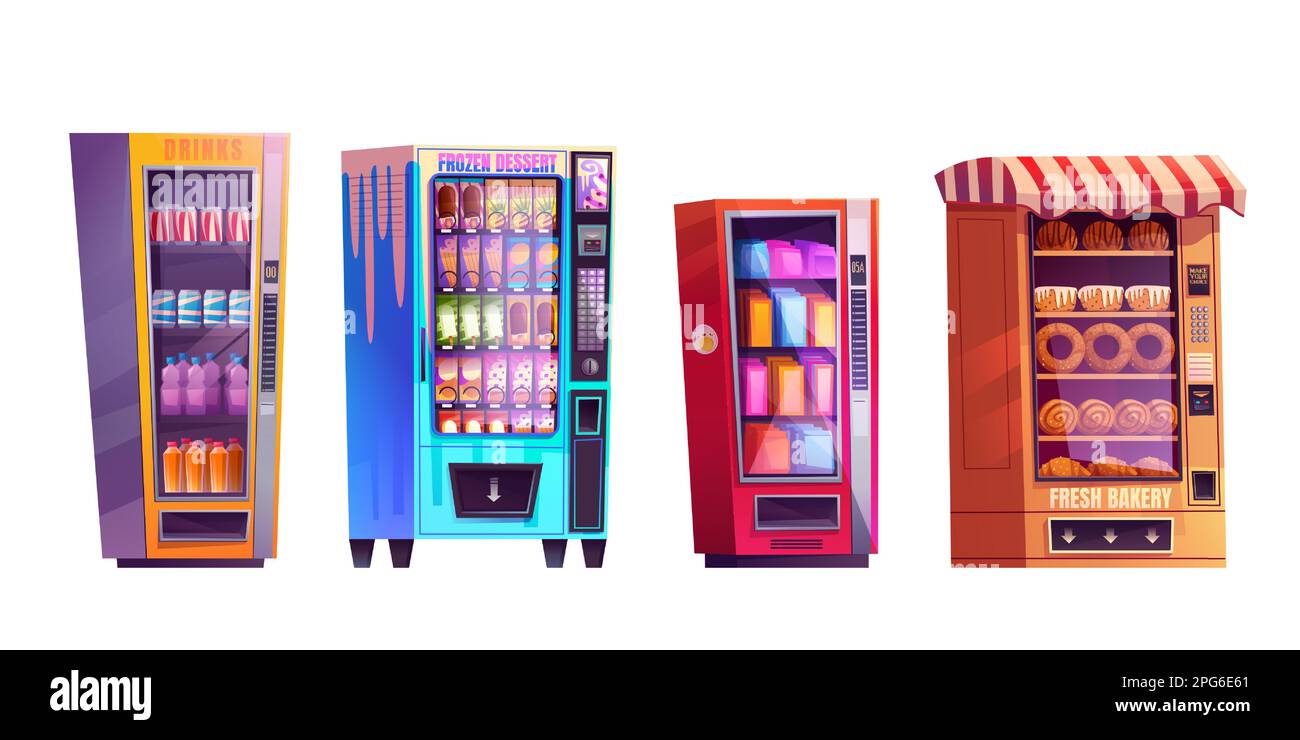 Vector vending machine with drink and snack food. Isolated cartoon dispenser icon set selling ...