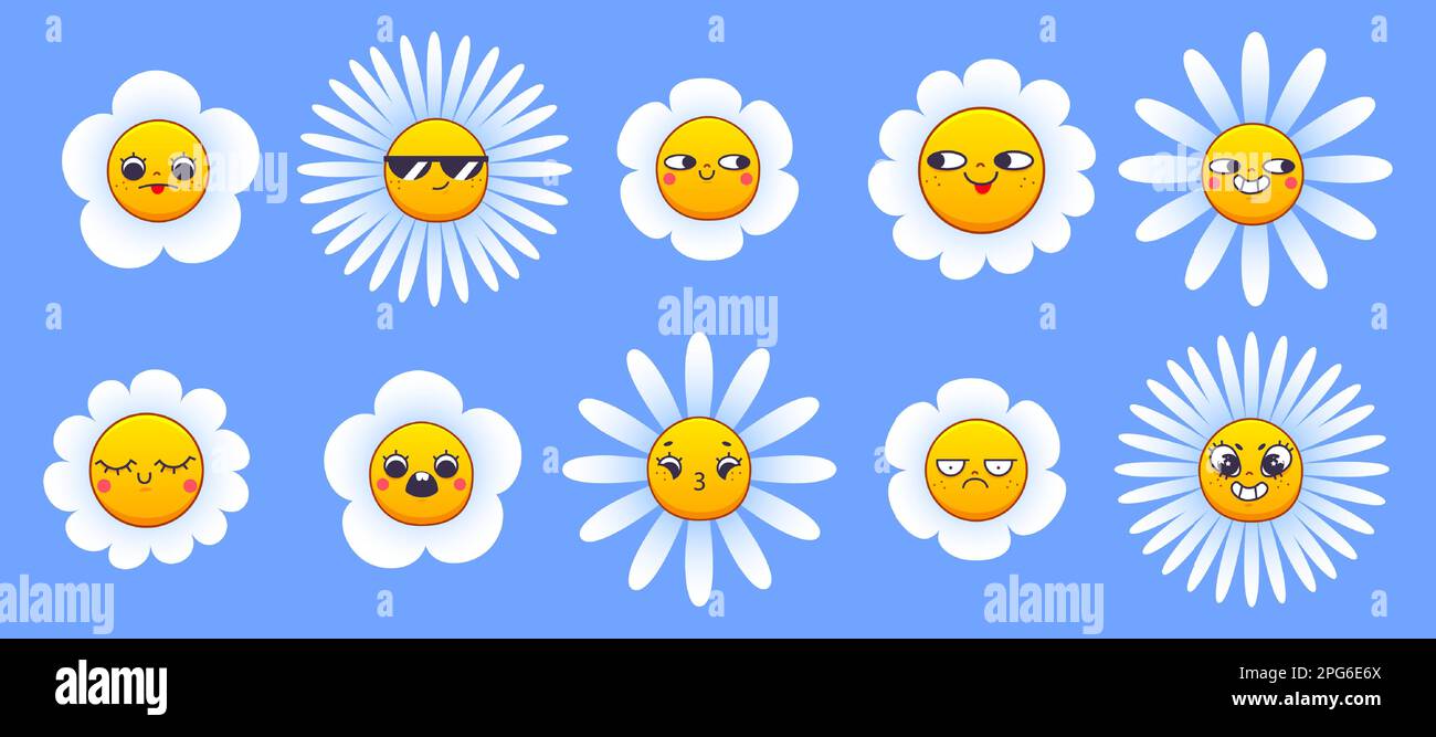 Chamomile flower character cute face vector icon set. Groovy cartoon ...