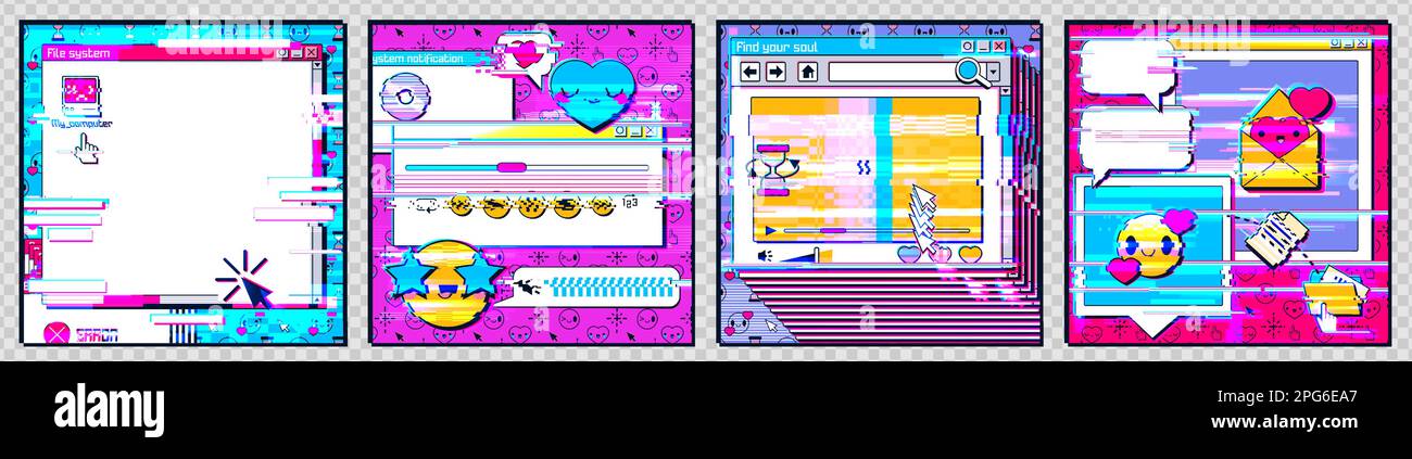 Social media posts with retro computer interface with glitch effect ...