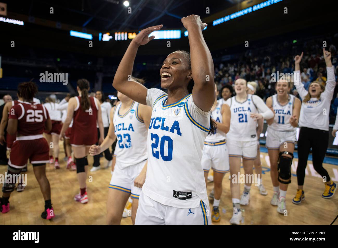 UCLA guard Charisma Osborne (20) reacts towards the stands after ...