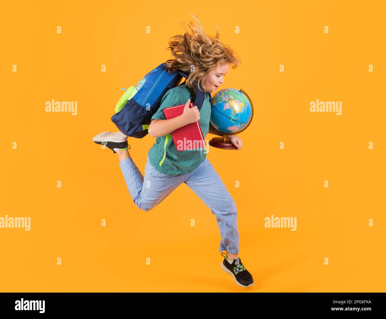 School child in school uniform with bagpack and globe jump. School ...