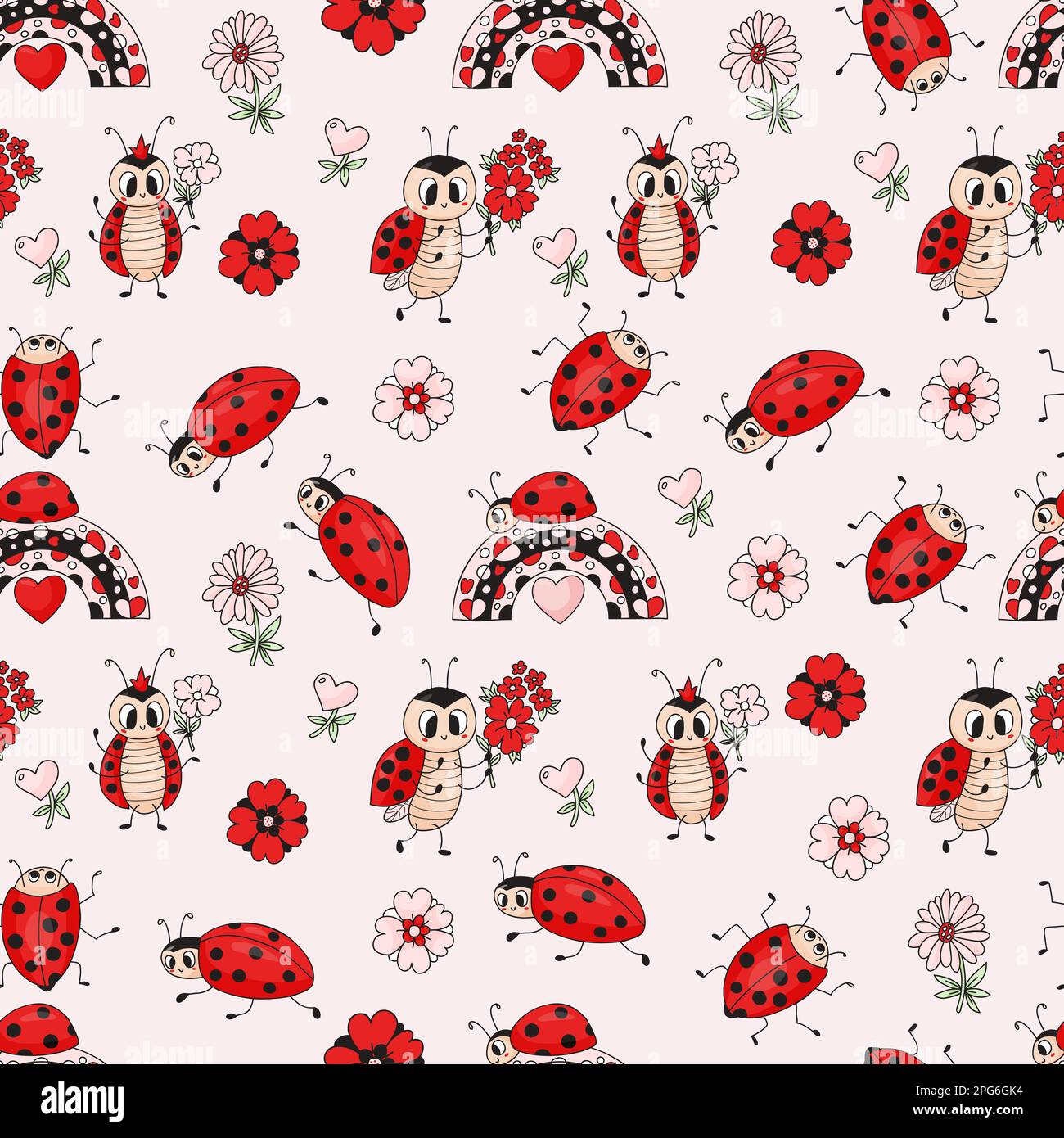 Seamless pattern with cute funny ladybugs on light pink background ...