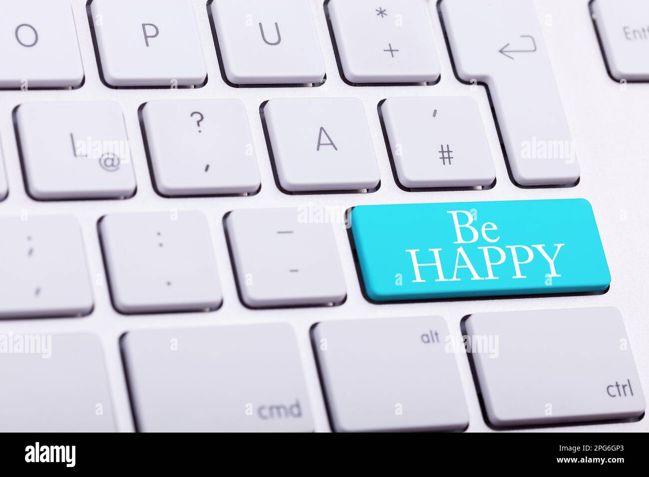 Elegant keyboard with BE HAPPY word in blue button close up photo Stock ...