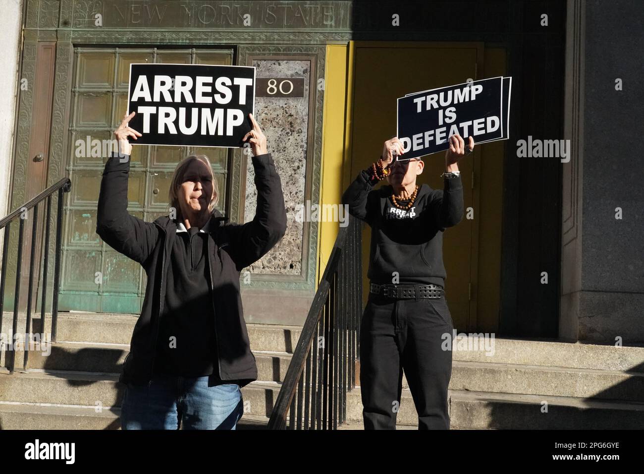 New York, United States. 19th Mar, 2023. Protestors and media gather ...