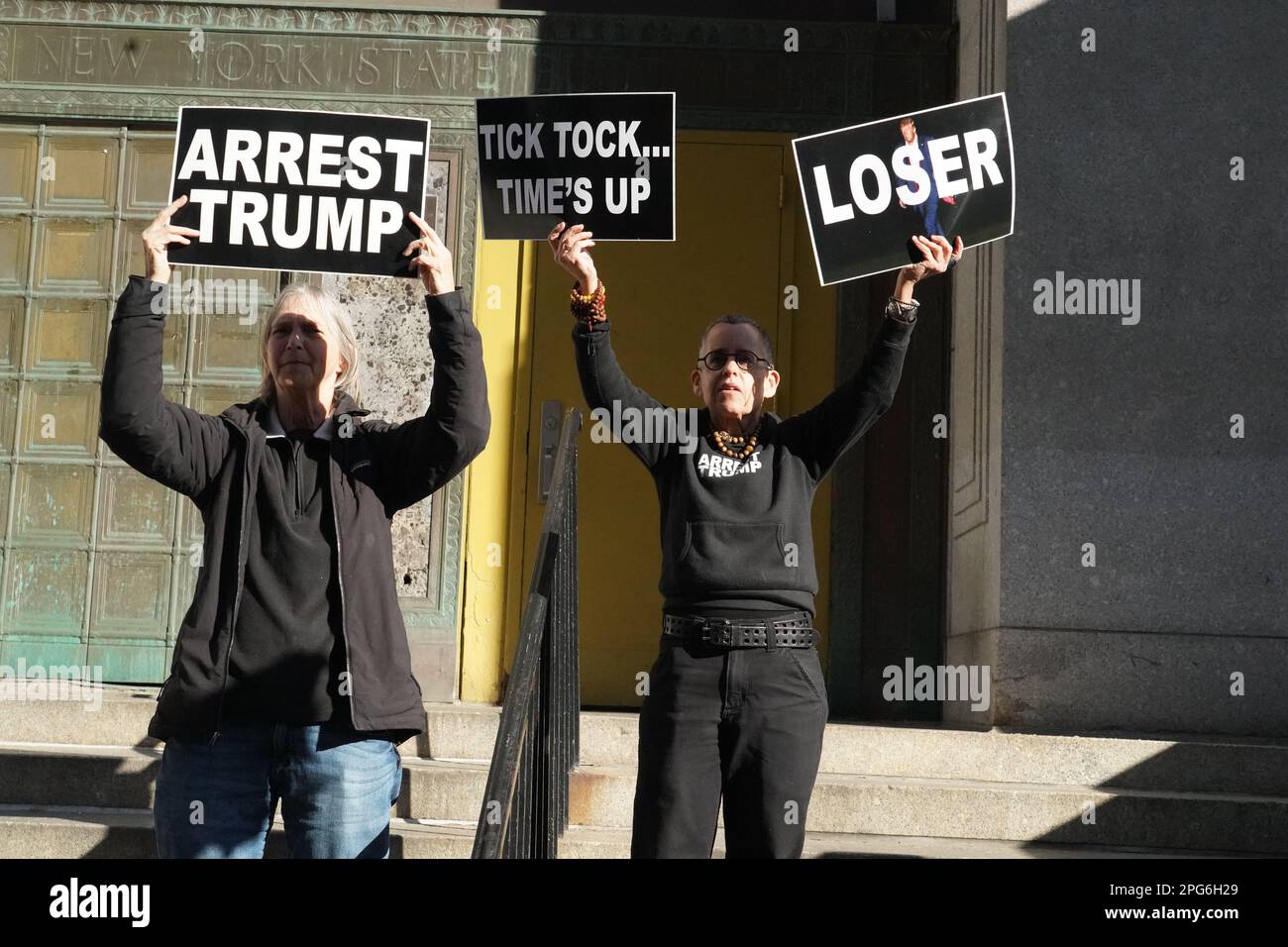New York, United States. 19th Mar, 2023. Protestors and media gather ...