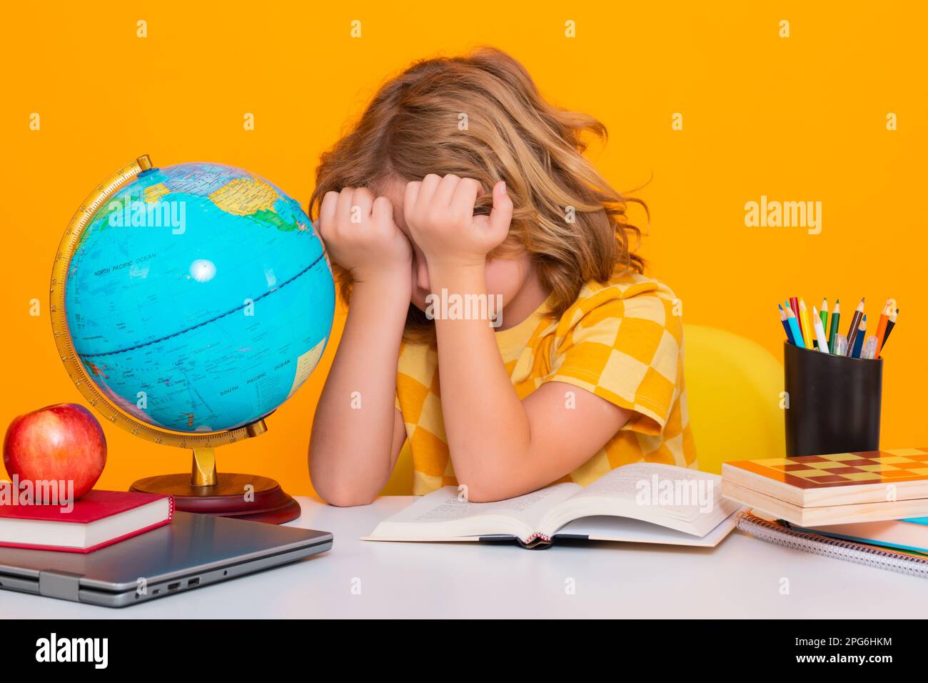Sad, tired and bored pupil. School kids. Child from elementary school ...
