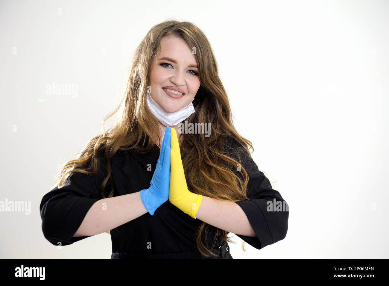 Lets Pray For Ukraine Female Doctor Folds Two Hands In Latex Gloves