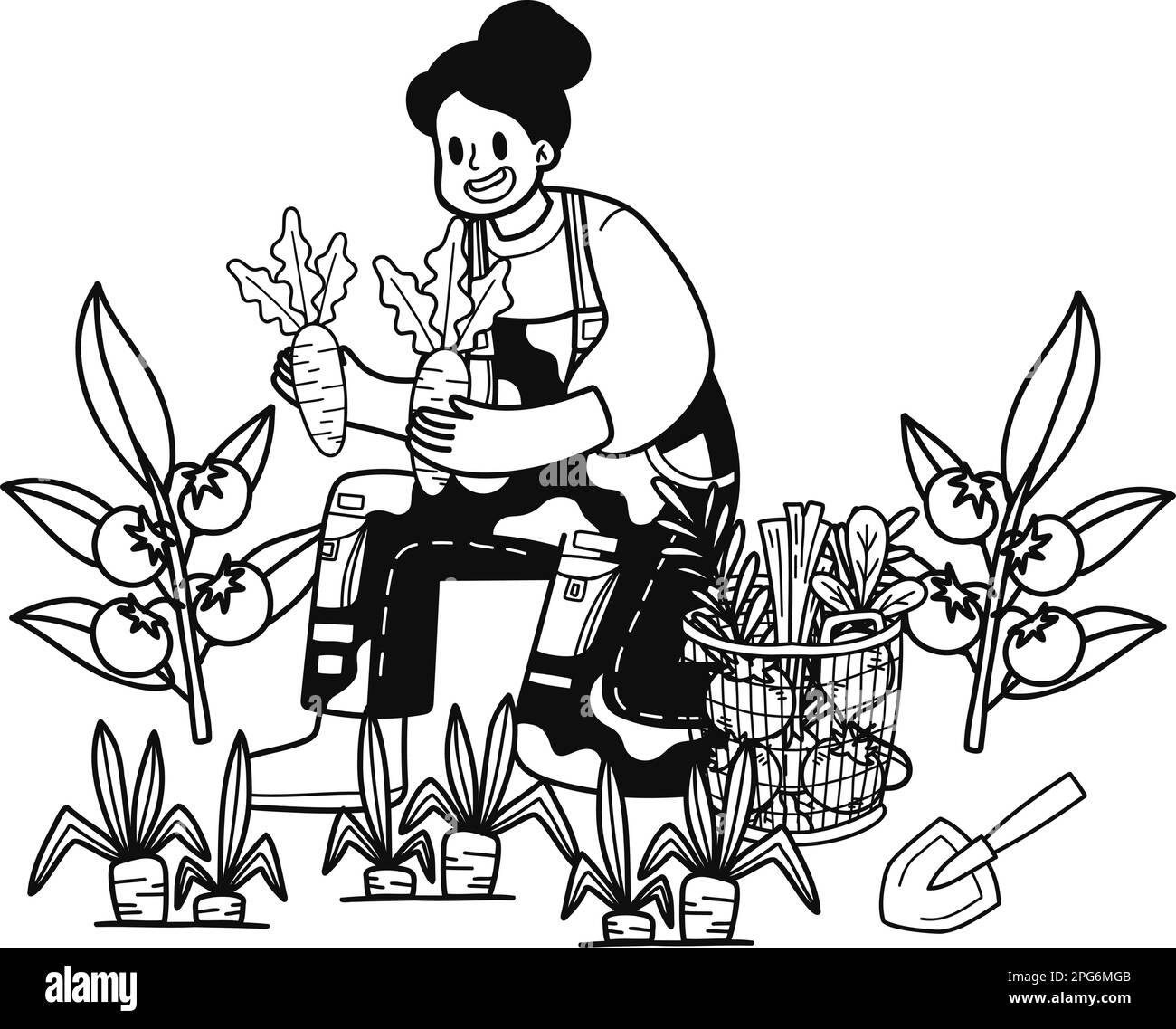 Female gardener planting carrots illustration in doodle style isolated ...