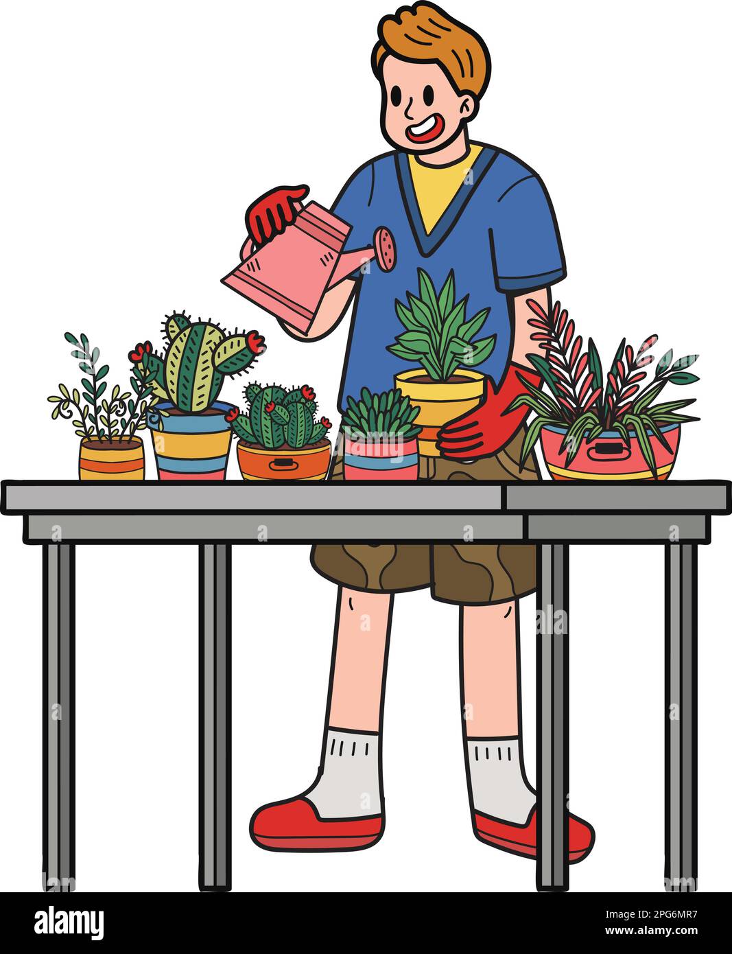 Young males watering plants in pots illustration in doodle style ...