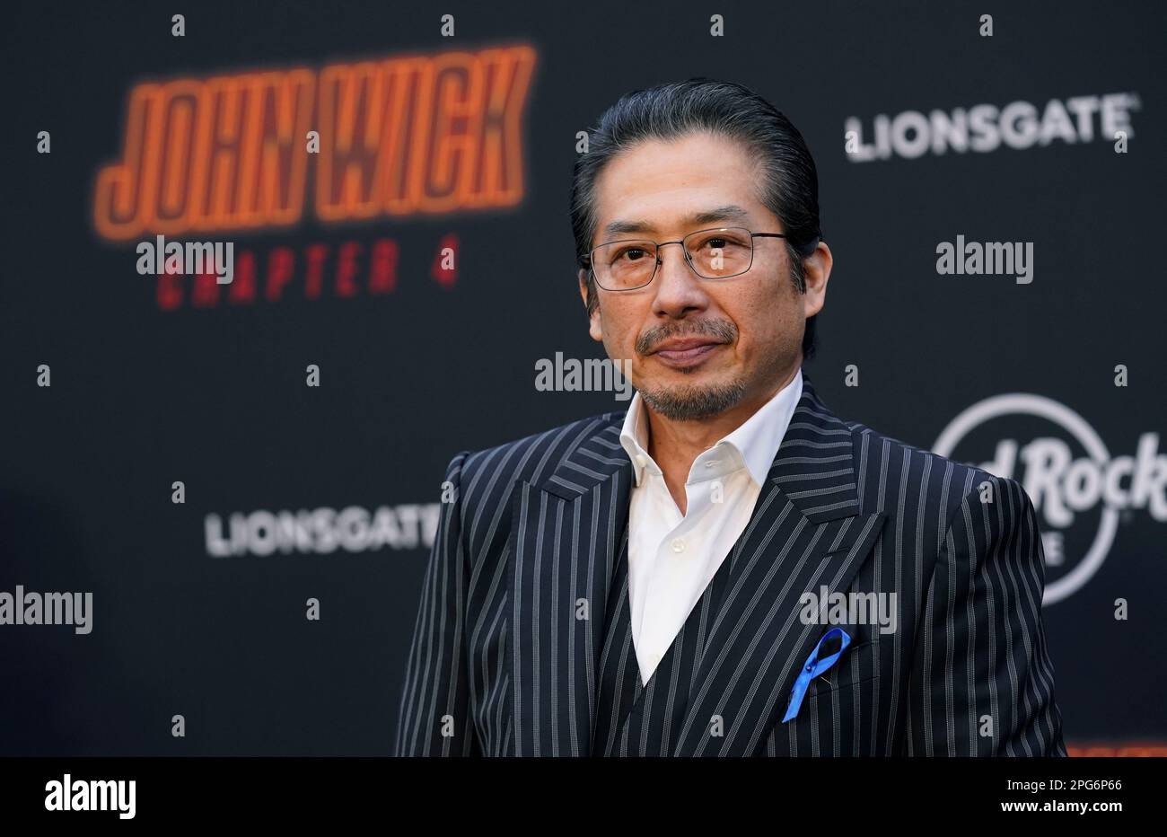 Hiroyuki Sanada poses at the premiere of the film "John Wick: Chapter 4," Monday, March 20, 2023 ...
