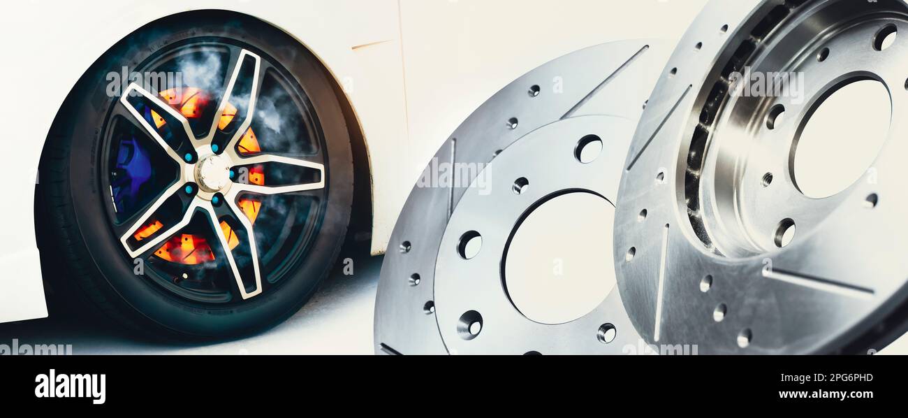 The new metal brake discs of the car and the brake discs burned in the ...