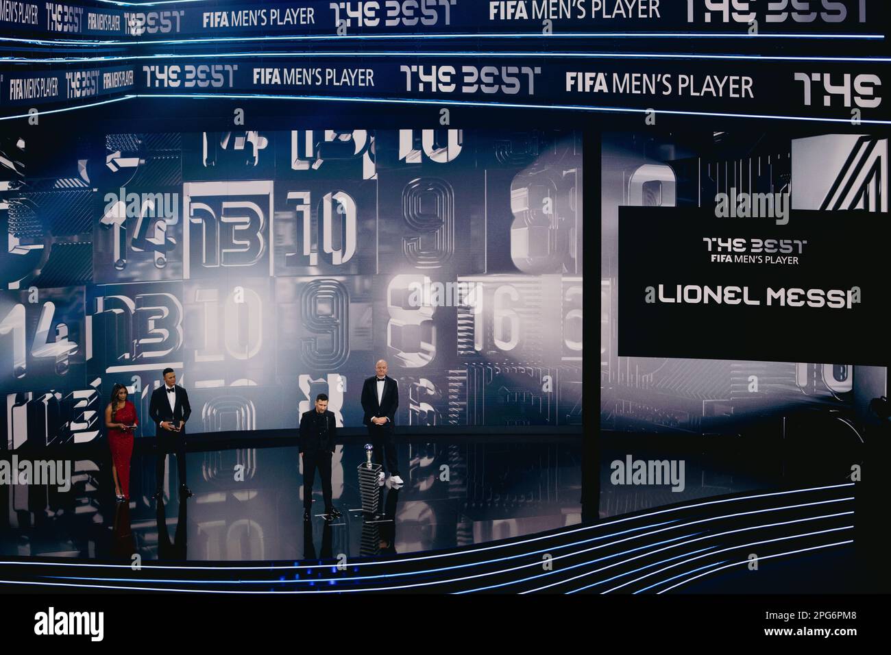 An award accepted by Lionel Messi on stage during the Best FIFA ...