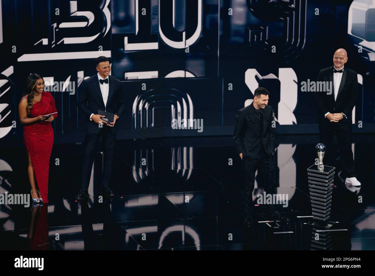 An award accepted by Lionel Messi on stage during the Best FIFA ...