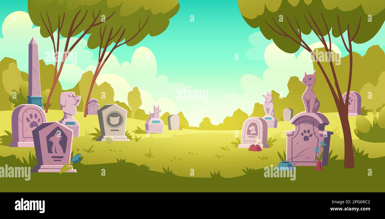 Pet cemetery day landscape, tombstone with footprint inscription and ...