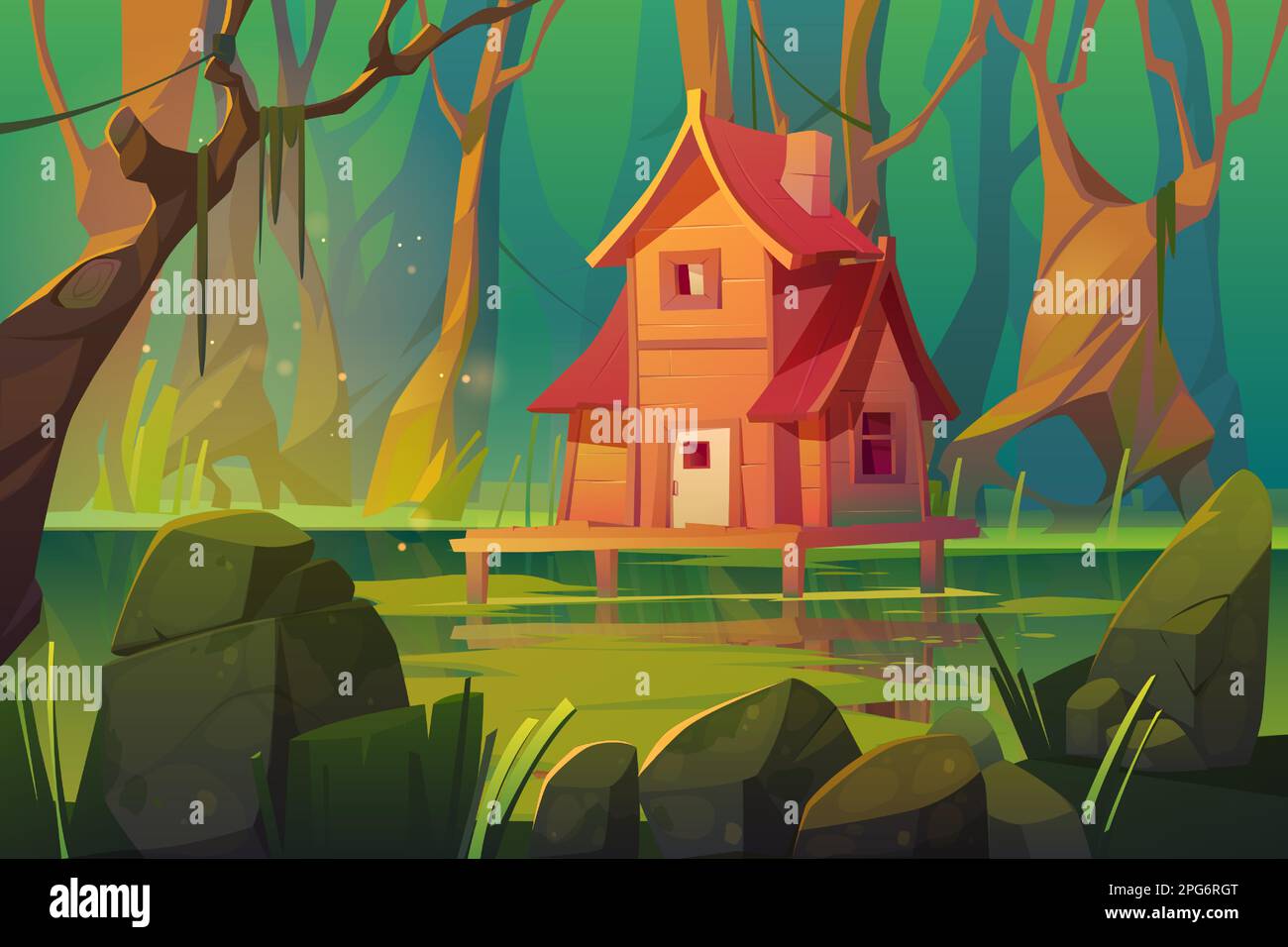 Wooden stilt house above swamp in forest. Abandoned shack stand on ...