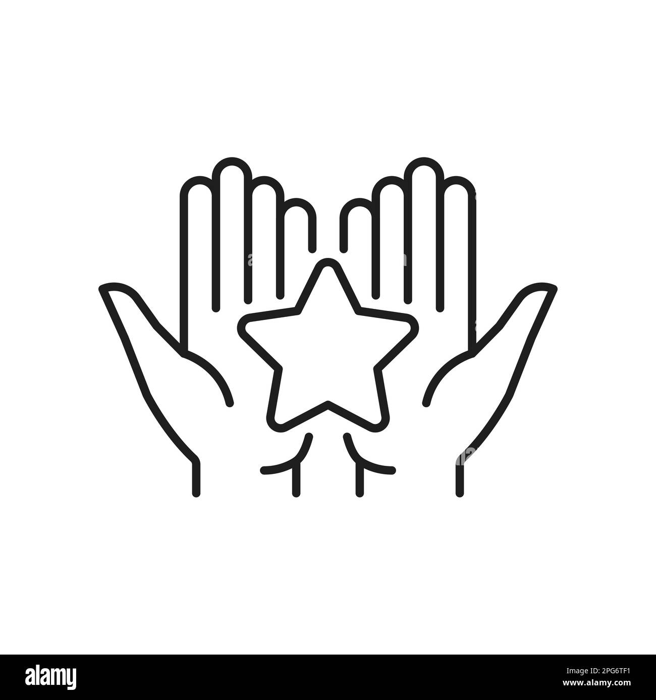Star in hand, review outline icon. Vector gold positive customer ...