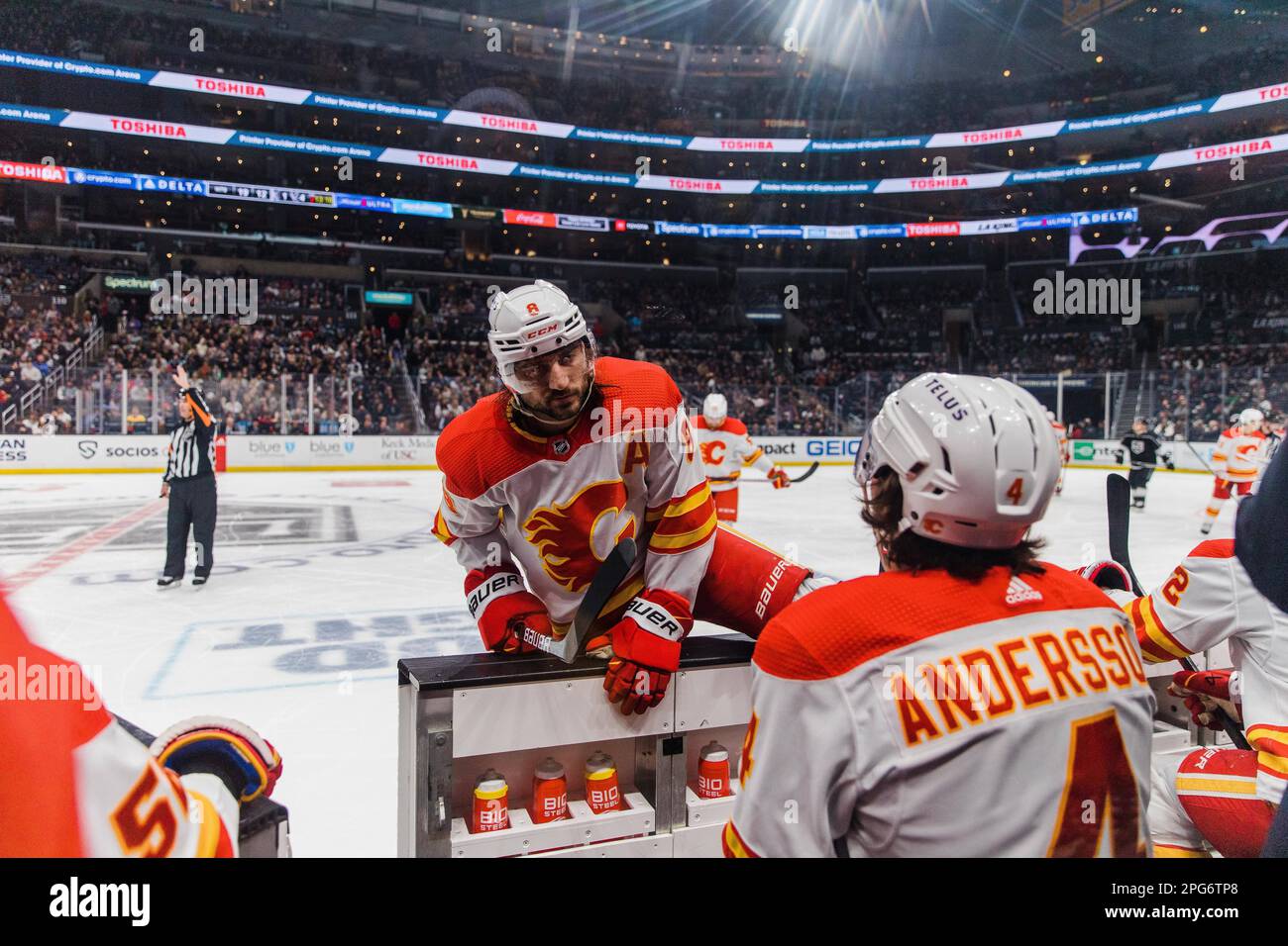 Los Angeles, California, USA. 20th Mar, 2023. CHRIS TANEV of the NHL's Calgary Flames climbs ...