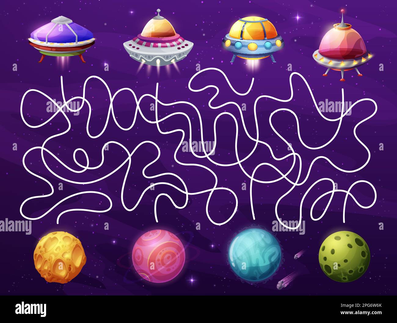 Space labyrinth maze with cartoon UFO and galaxy planets, vector kids ...