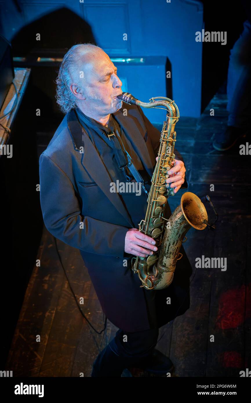 Saxophonist Dave Lewis performing with The Blockheads at The Acapela ...