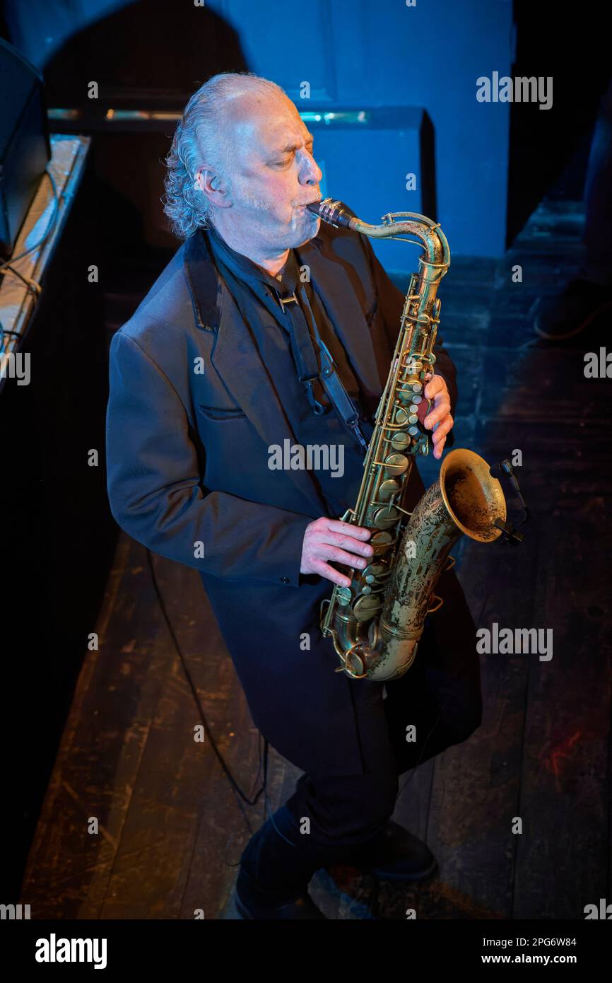 Saxophonist Dave Lewis performing with The Blockheads at The Acapela ...
