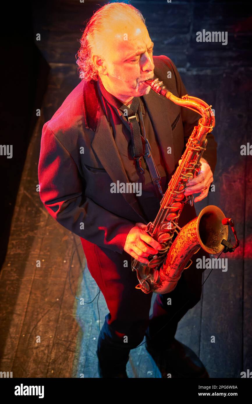 Saxophonist Dave Lewis performing with The Blockheads at The Acapela ...