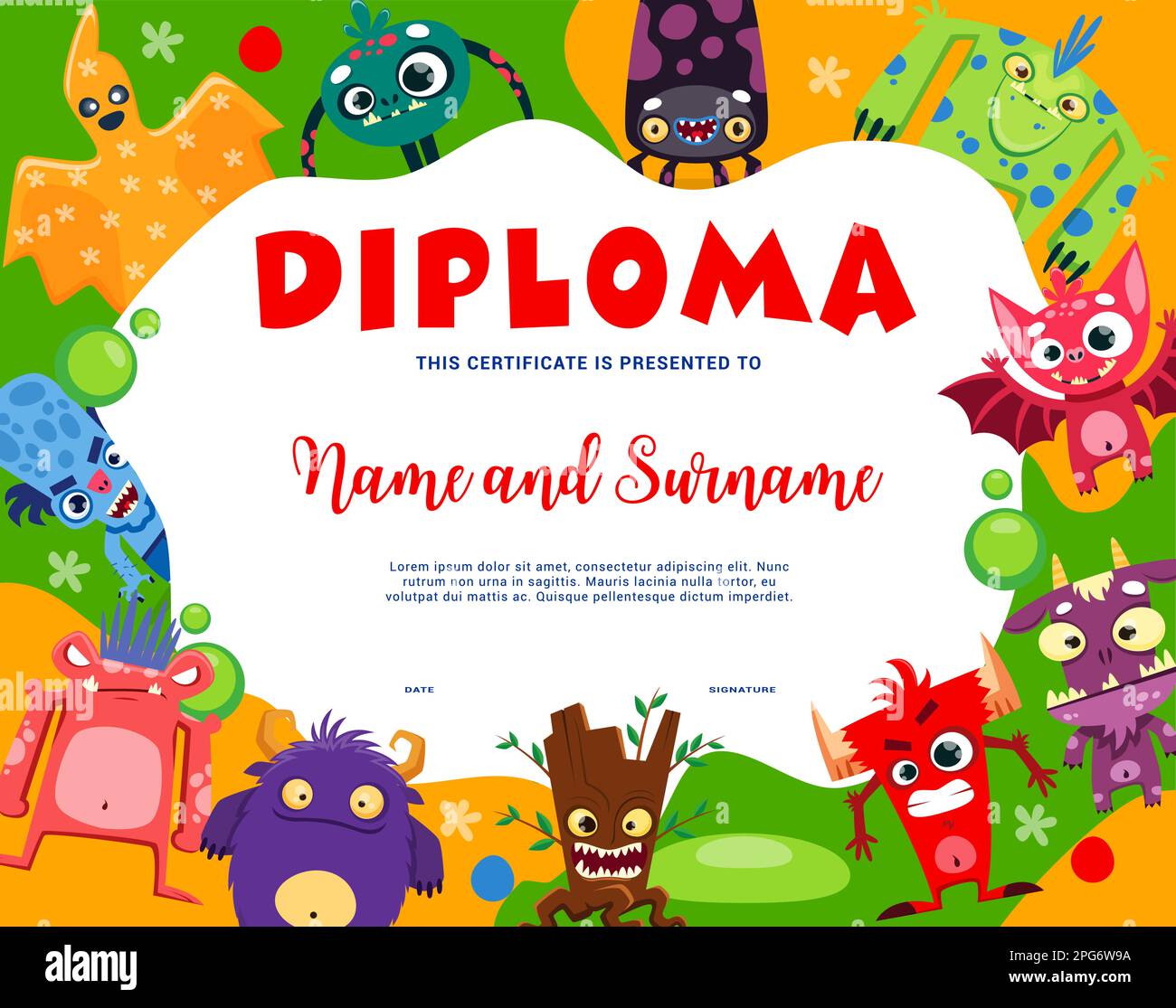 Kids diploma, cartoon funny monsters characters, vector certificate ...