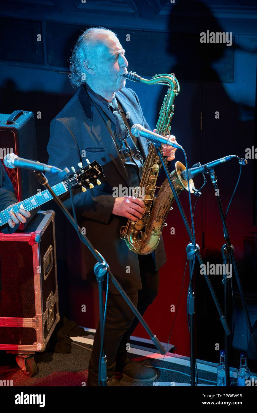 Saxophonist Dave Lewis performing with The Blockheads at The Acapela ...
