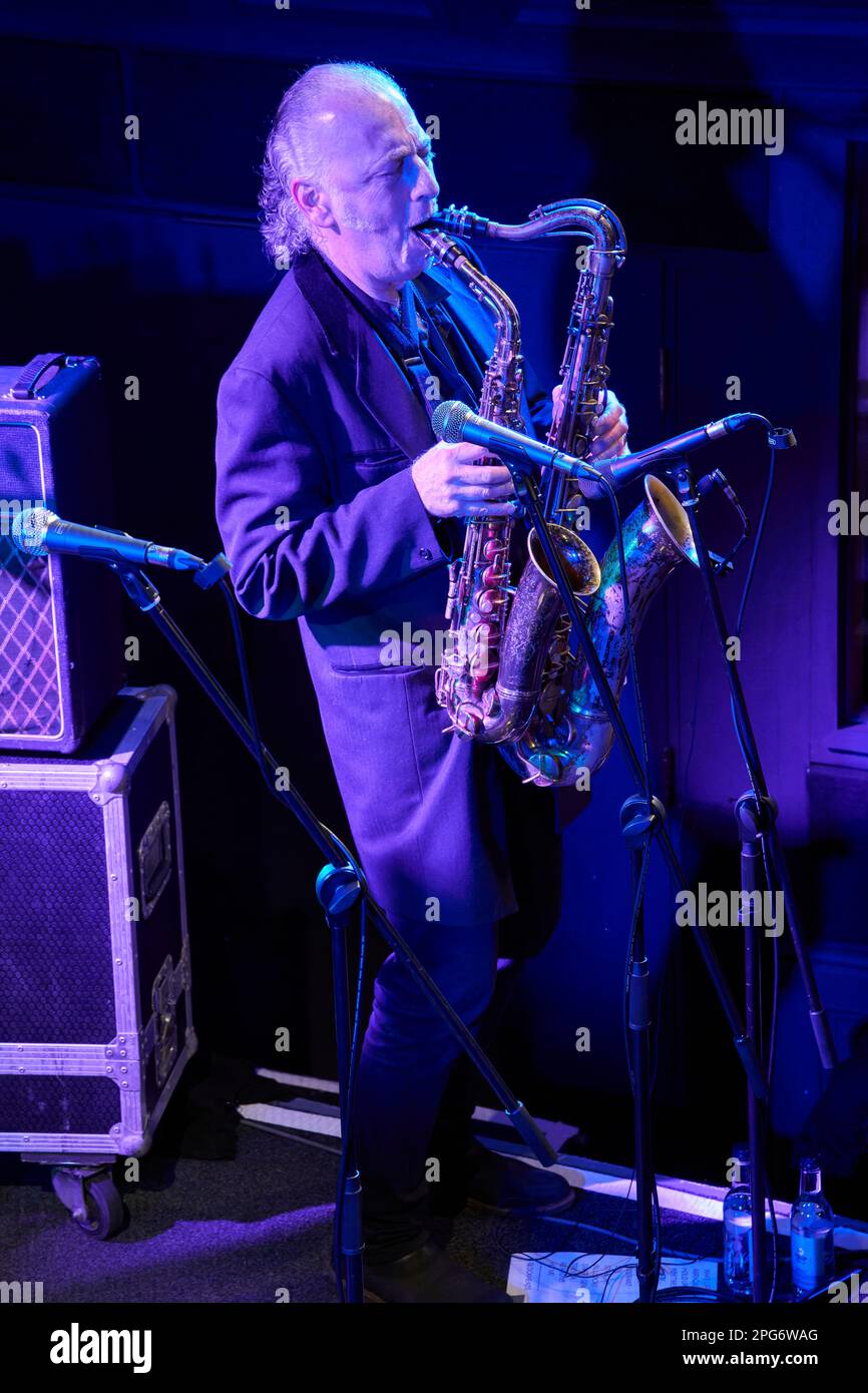 Saxophonist Dave Lewis performing with The Blockheads at The Acapela ...