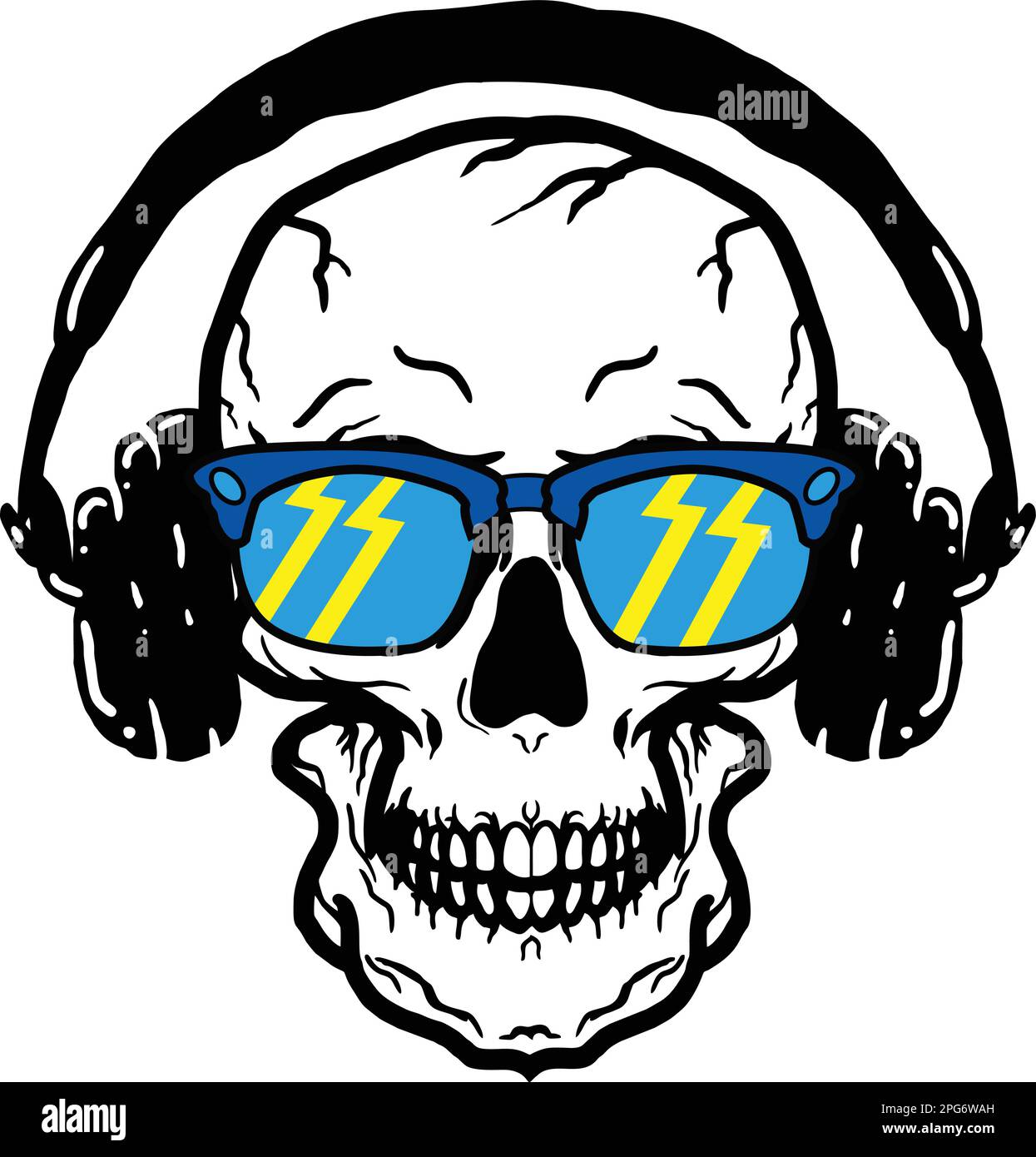 Skull head wearing sunglasses and listening music in headphones. skull ...