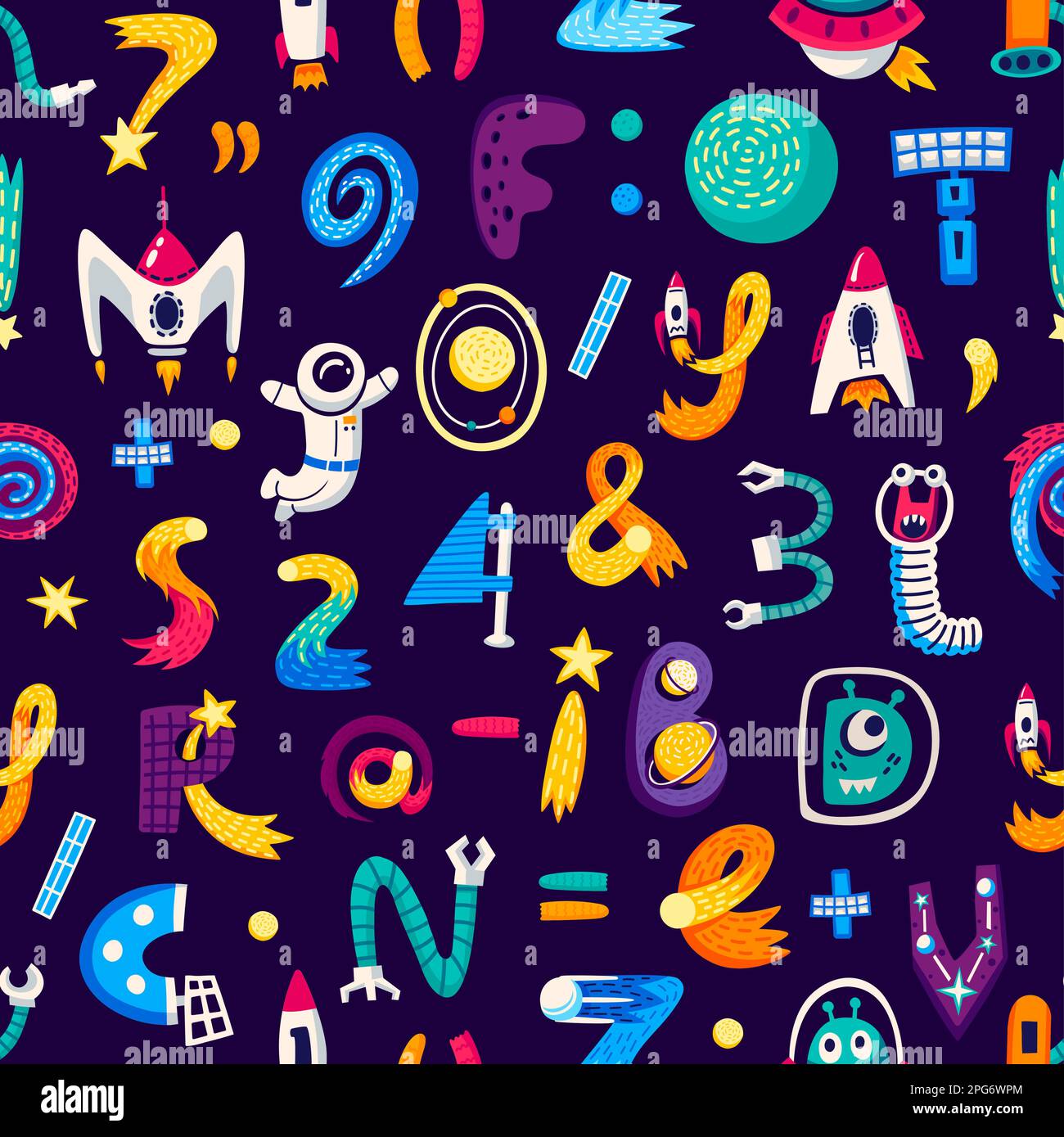 Kids space cartoon letters and numbers seamless pattern. Vector ...