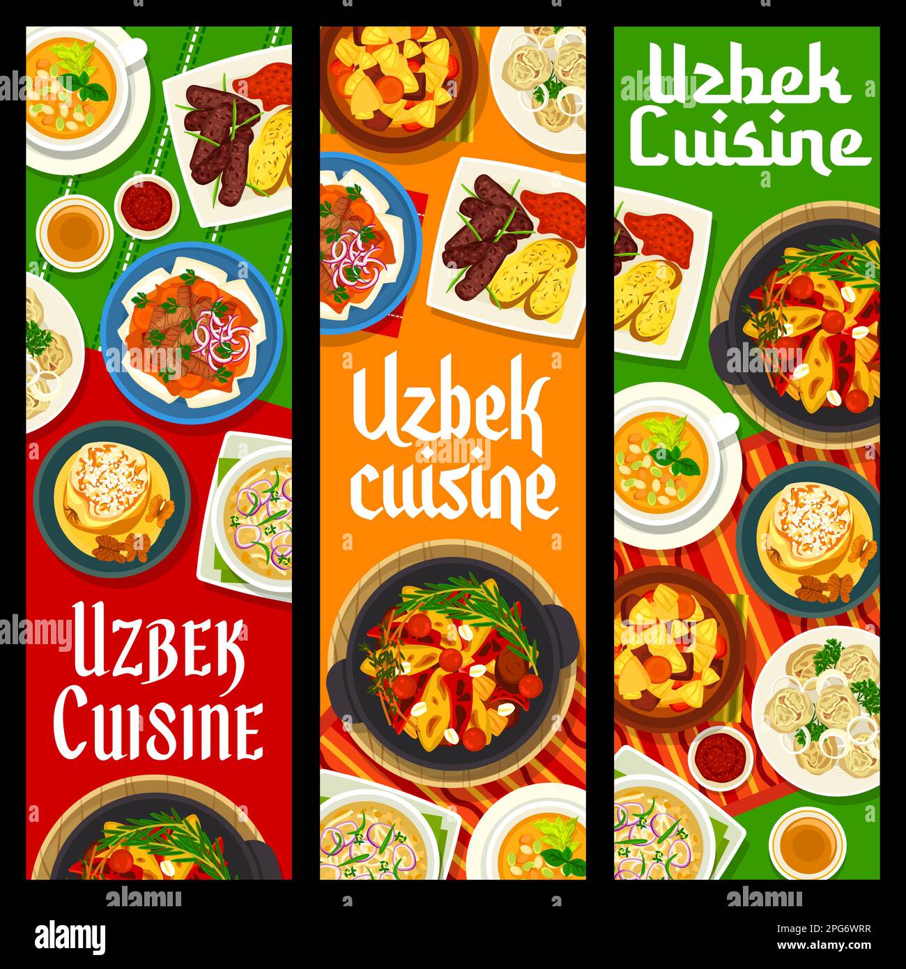 Uzbek cuisine meals banners, food dishes and meals, vector lunch and ...