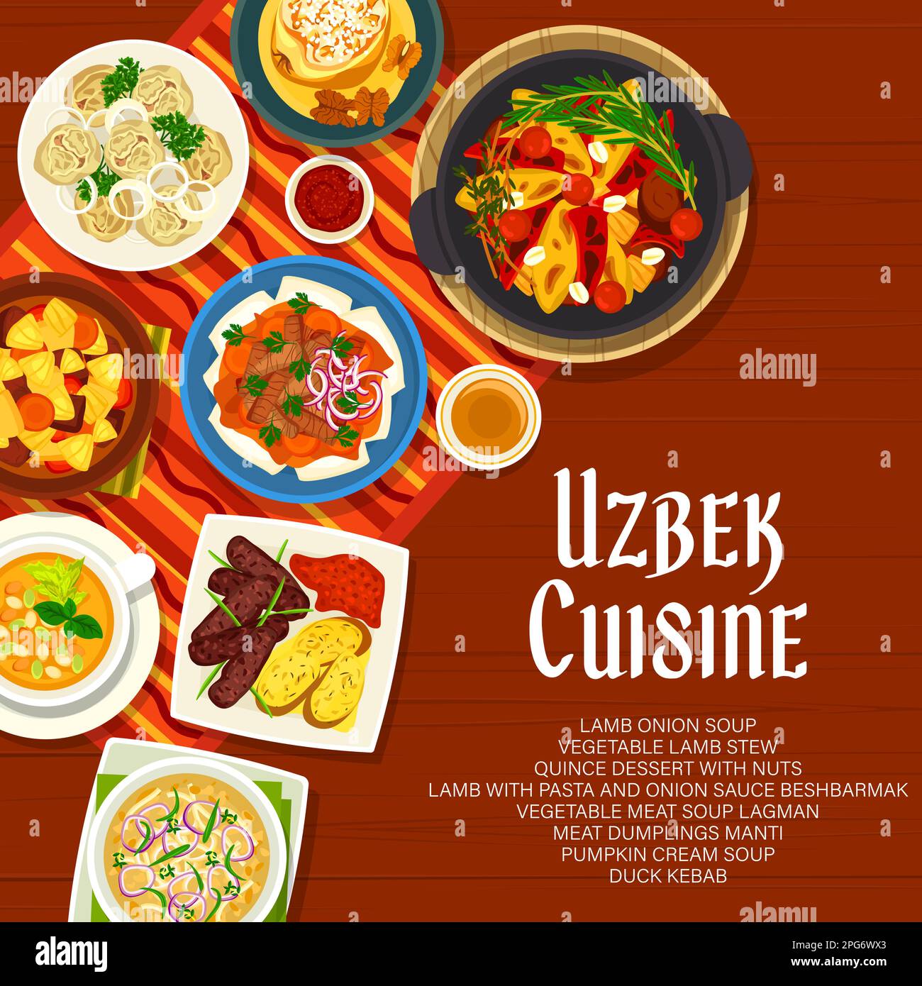 Uzbek cuisine menu cover for restaurant food dishes, vector Uzbekistan ...