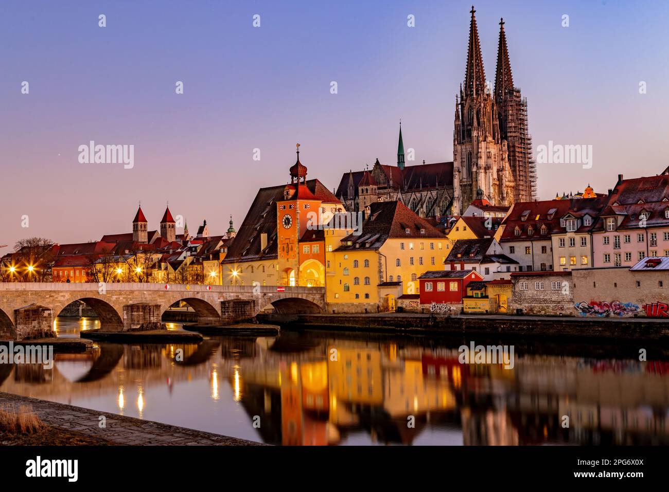 View over the Danube river towards the Regensburg cathedral and the ...