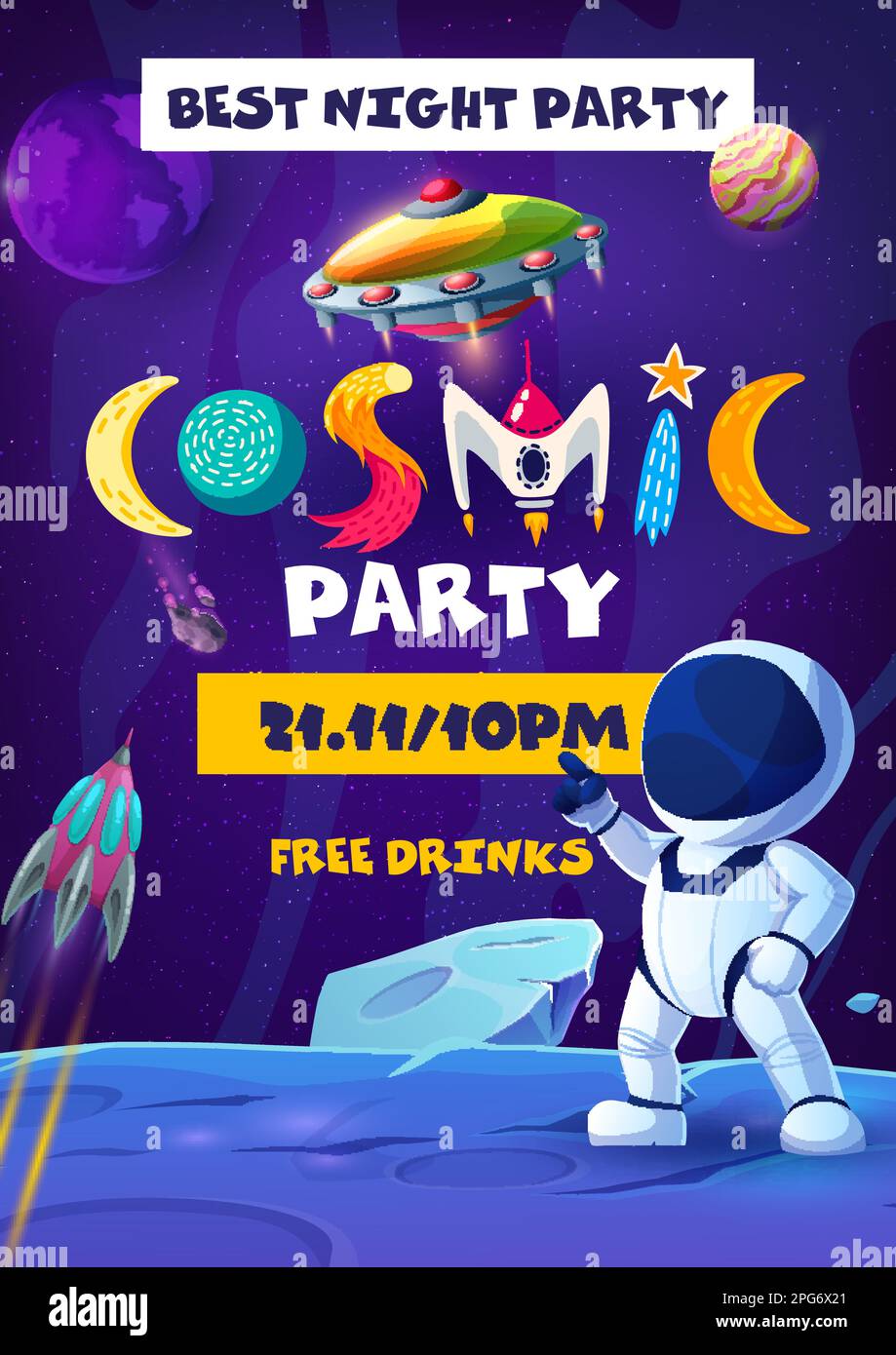 Space cosmic party flyer, dancing astronaut on planet surface and UFO ...