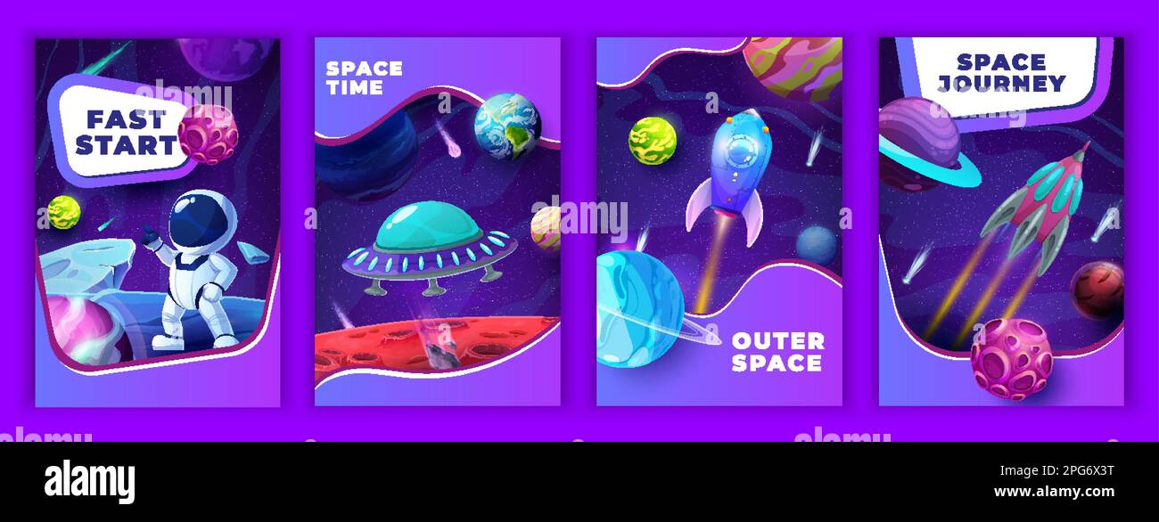 Cartoon space posters, galaxy rockets, astronaut spaceship and planets ...