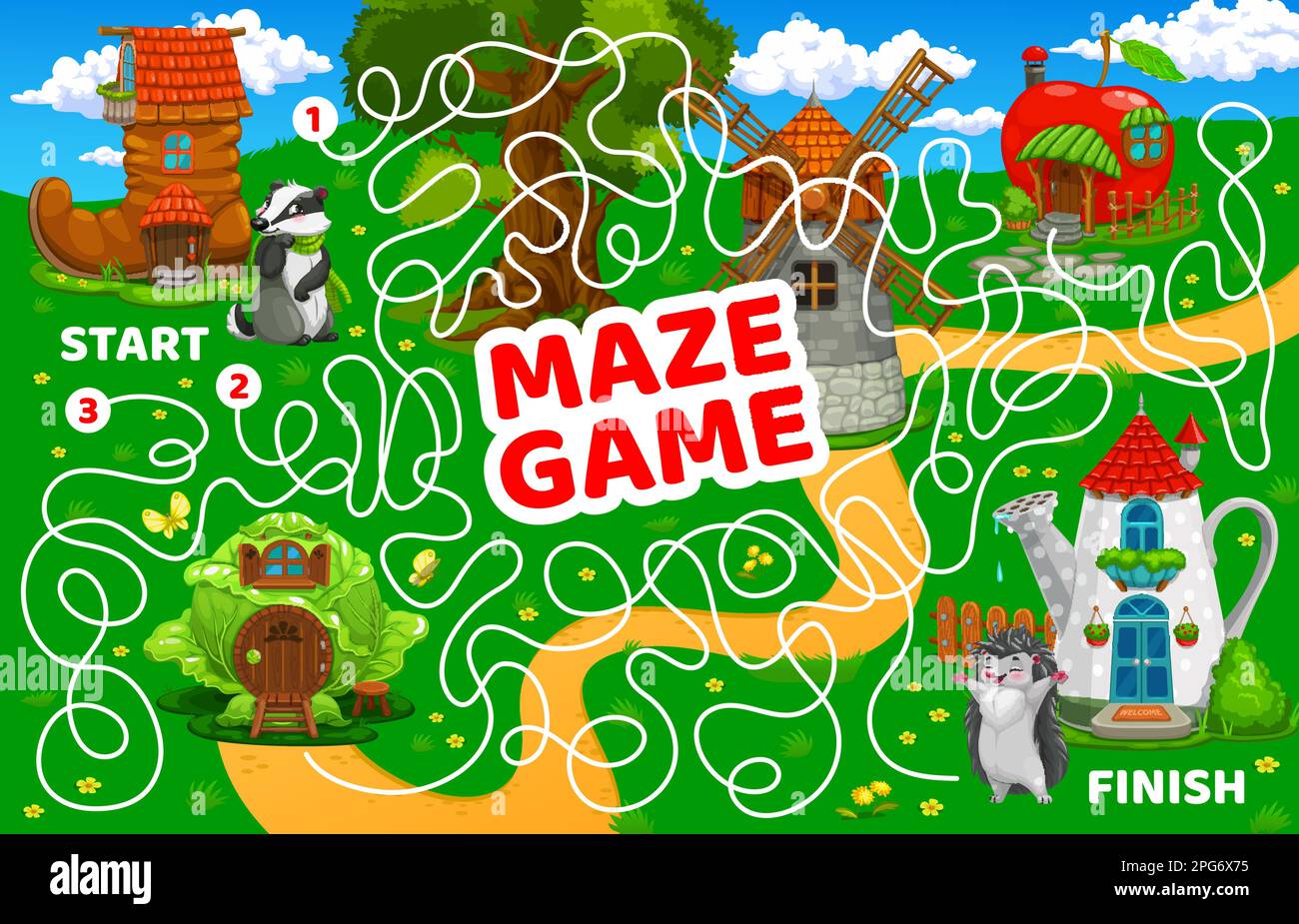 Labyrinth maze game cartoon fairytale house buildings. Kids vector ...