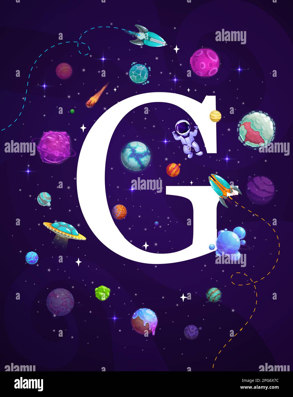Cartoon space letter G. Latin alphabet typeset letter, English ABC ...