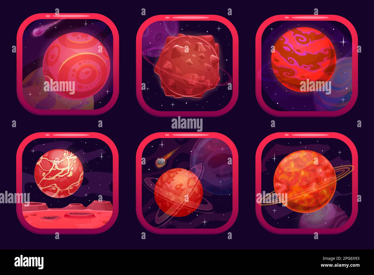 Space game app icons with red planets. Videogame interface button ...
