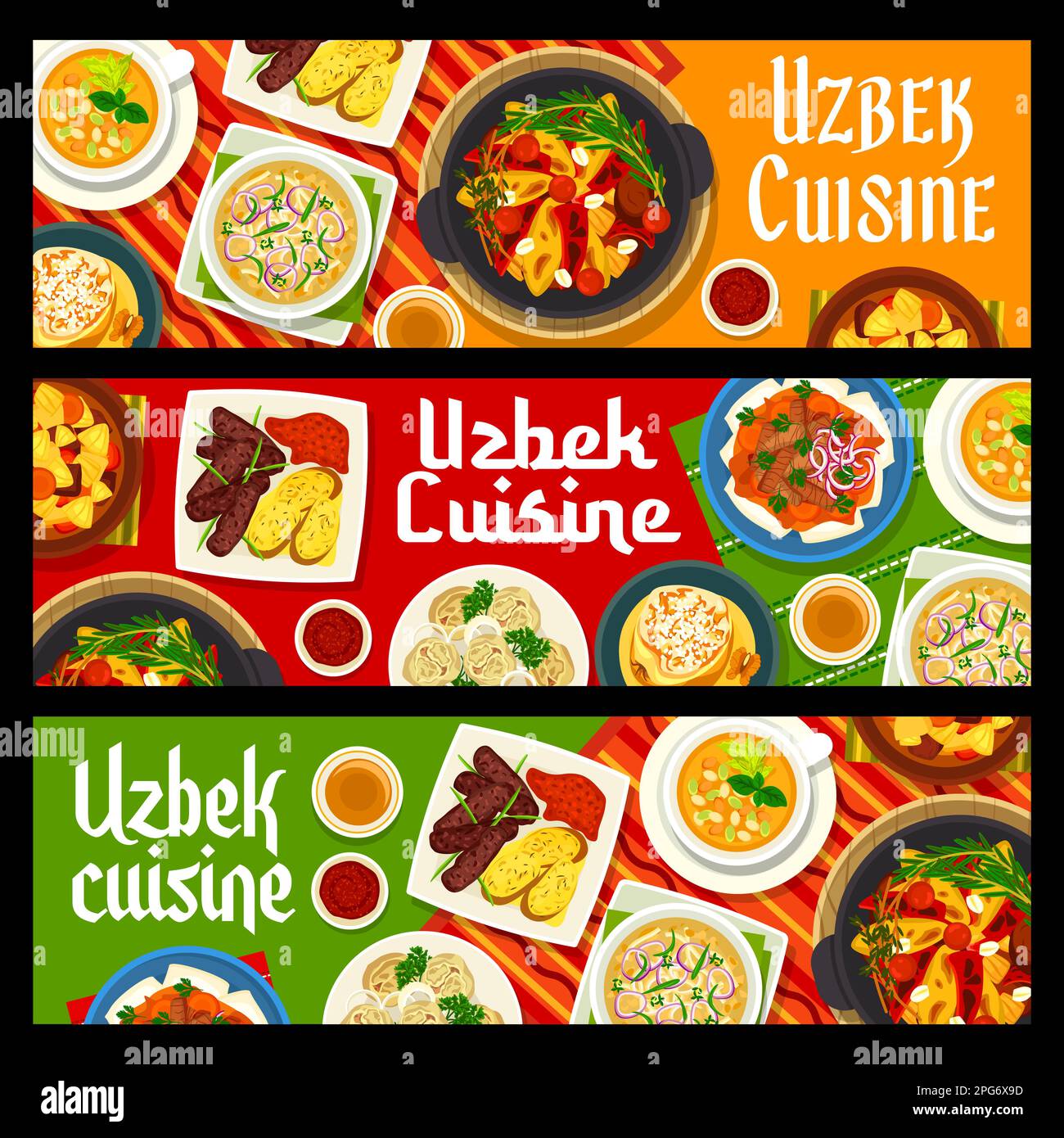 Uzbek cuisine meals banners with food of Uzbekistan, vector national ...