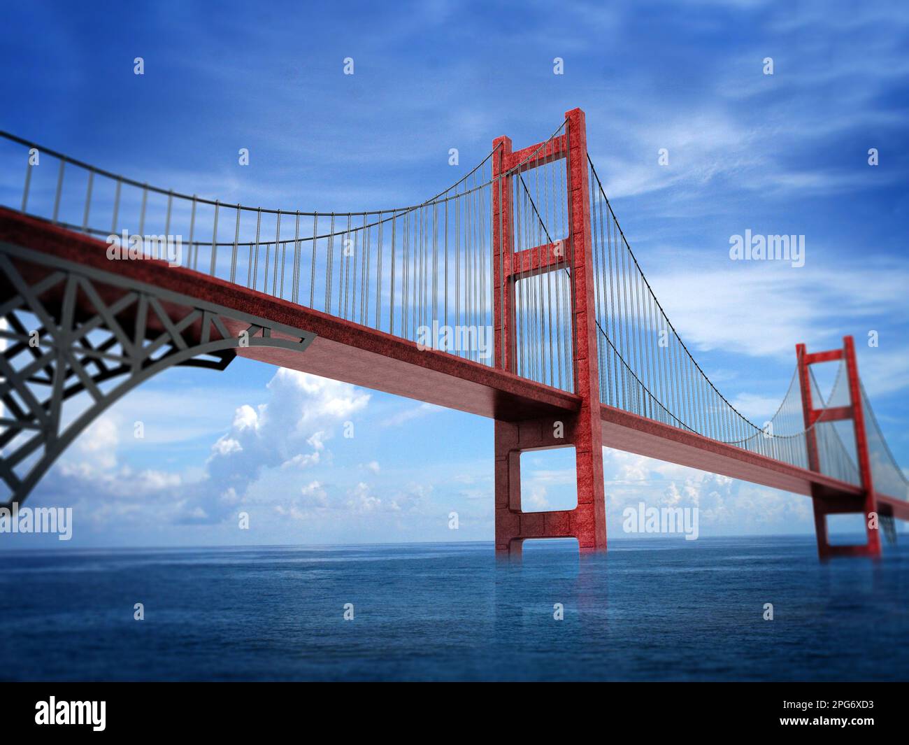 Suspension bridge across the sea connecting two sides of the land. 3D ...