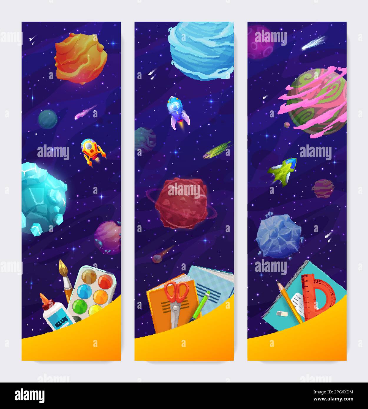 Back to school banner with space landscape. Vector bookmark, vertical ...