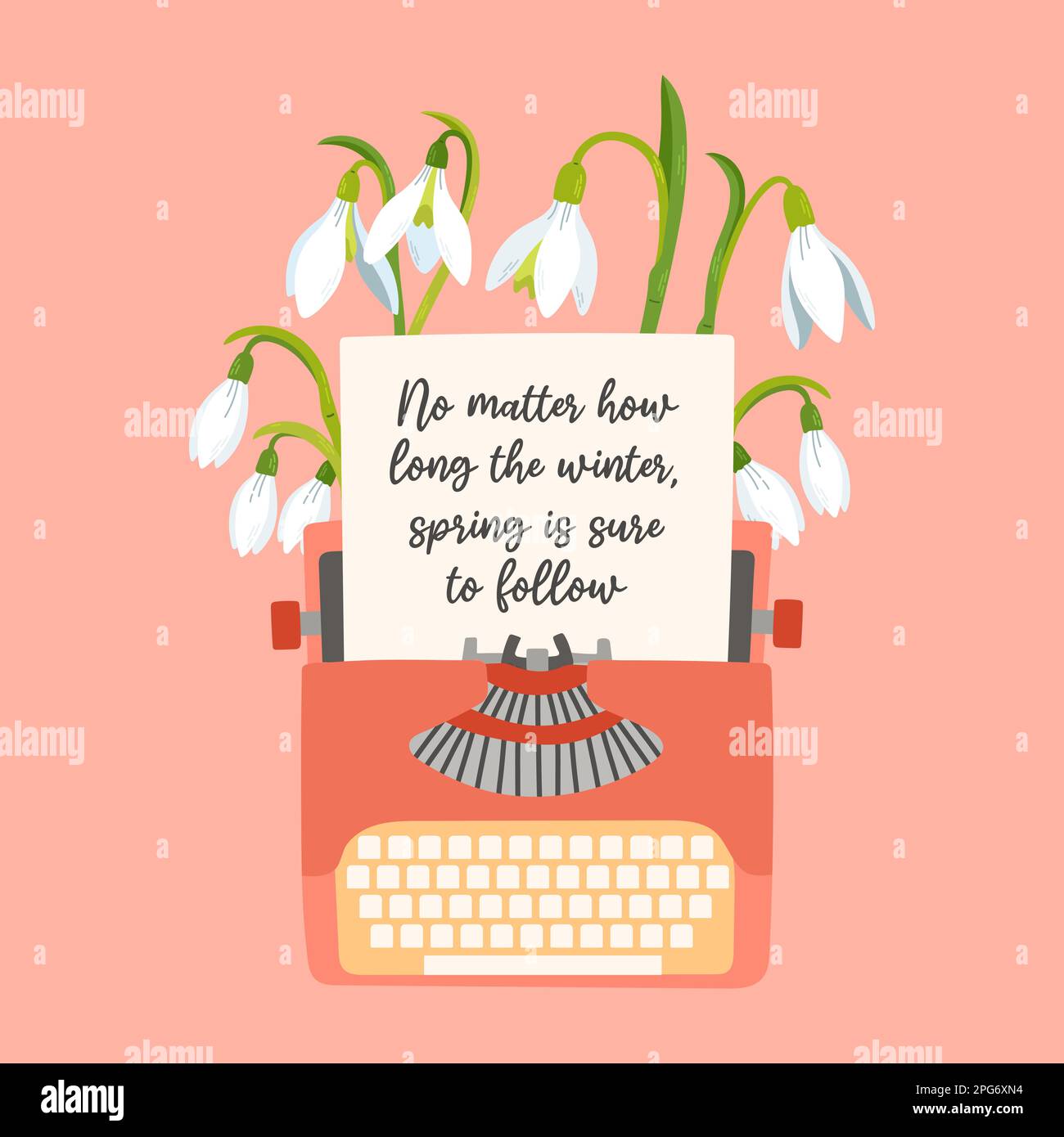 Spring greeting card. Blooming snowdrops and typewriter pink background ...