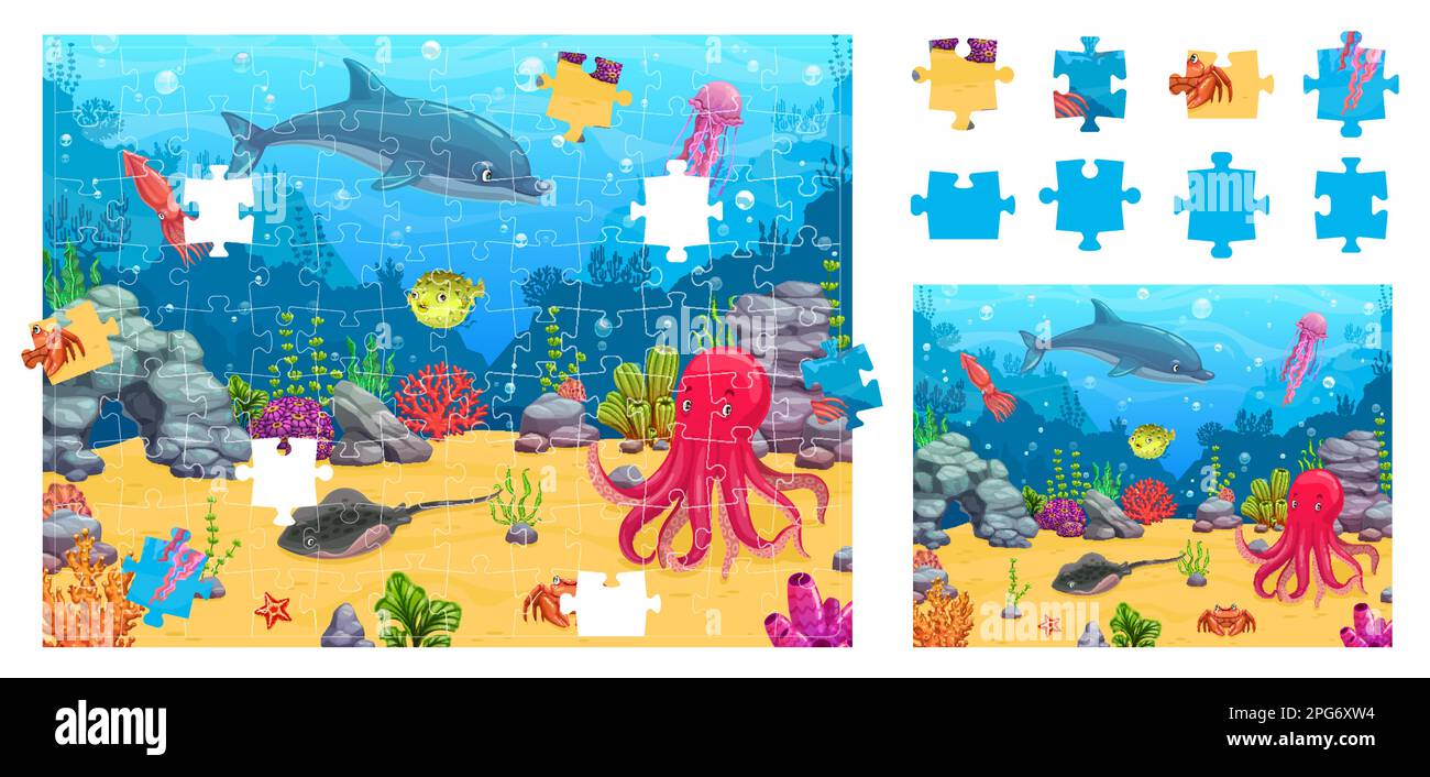 Jigsaw puzzle game pieces, underwater landscape, vector cartoon ...