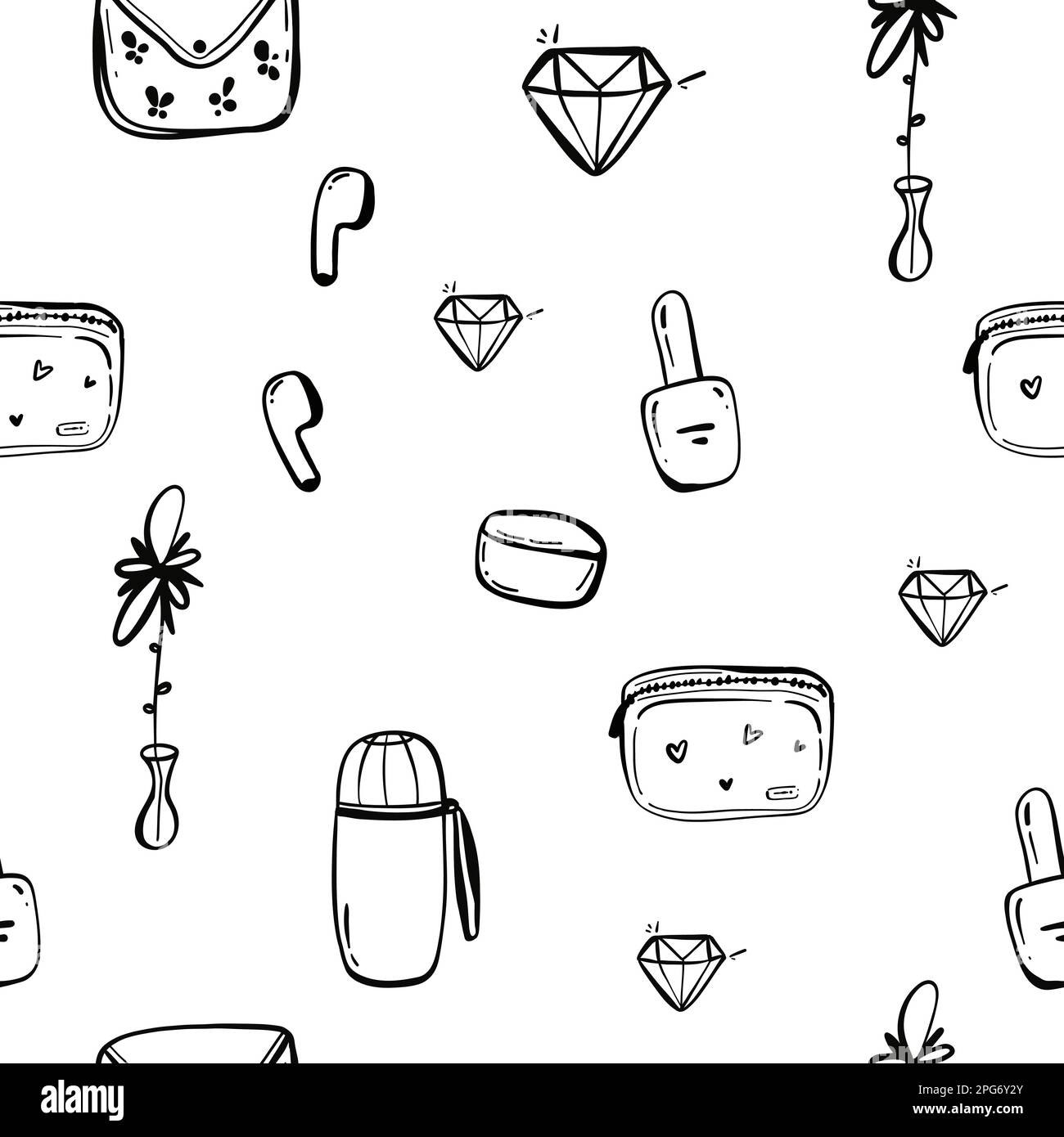 hand drawn seamless graphic pink pattern of girl stuff woman things ...