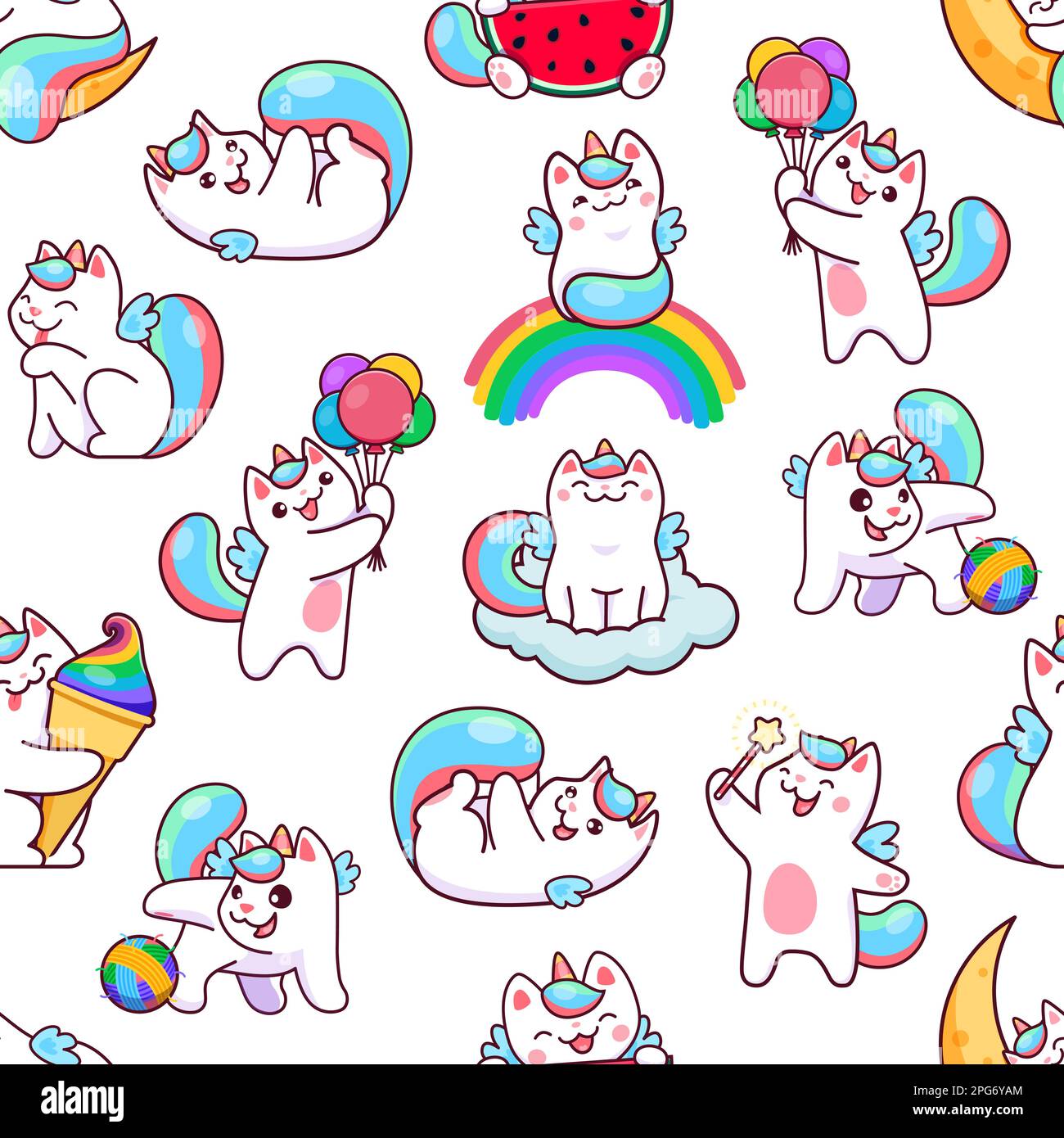 Cartoon funny cute caticorn seamless pattern. Vector repeated ...